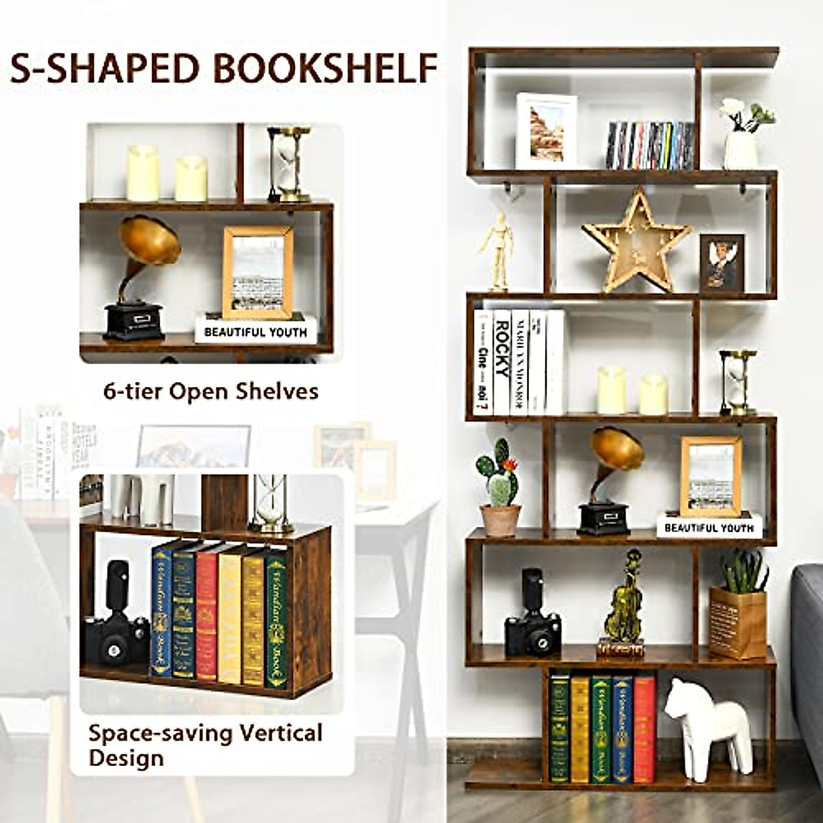 Augester 6-Tier Bookshelf, Wood S-Shaped Bookcase with Anti-toppling Device, Freestanding Display Shelf for Living Room, Bedroom, Office (Coffee)