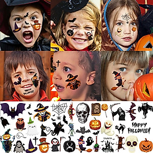 Yezunir 88+ Styles 18 Sheets 3D Halloween Temporary Tattoos For Kids Realistic Spider Web Bat Witch Pumpkin Fake Scars Tattoos Sticker Zombie Halloween Makeup Kit Women Men Adults Face Stitches Wound