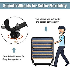 KOMFOTT Rollaway Bed with 4” Mattress, Folding Bed with Memory Foam Mattress for Adults, Portable Guest Bed with Sturdy Steel Frame, Made in Italy