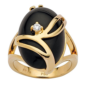 PalmBeach Yellow Gold-Plated or Platinum-Plated Oval Shaped Natural Black Onyx and Round Crystal Ring Size 7