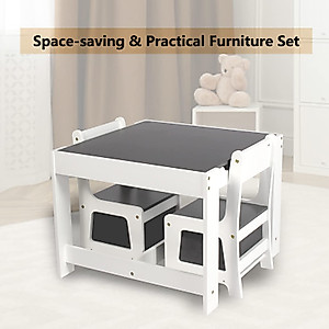 3 in 1 Kids Wood Table and 2 Chairs Set ,Multi Activity Table and Chair with Storage Children Play Desk for Building Blocks Reading Drawing Art Playroom (Gray)