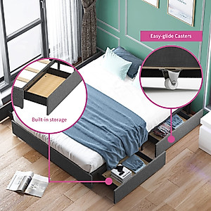 Mixoy Cal King Bed Frame with Four Storage Drawer,Platform Bed Frame with Linen headboardand and Footboard with Drawers, Wood Slats Support.No Box Spring Needed/Easy Assembly(Cal King,Dark Grey)