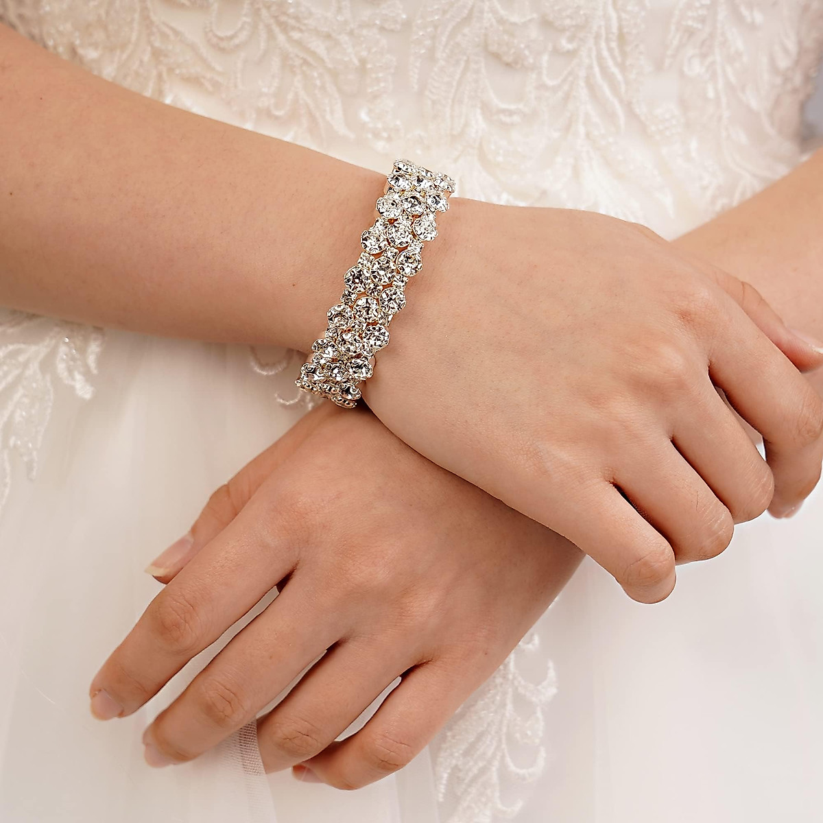 YERTTER Dainty Silver Wedding Layered Strech Crystal Bangle Bracelet Crystal Rhinestone Cuff Warp Bracelet Women Girls Brides Hand Jewelry (Silver-3 Row Crystal)