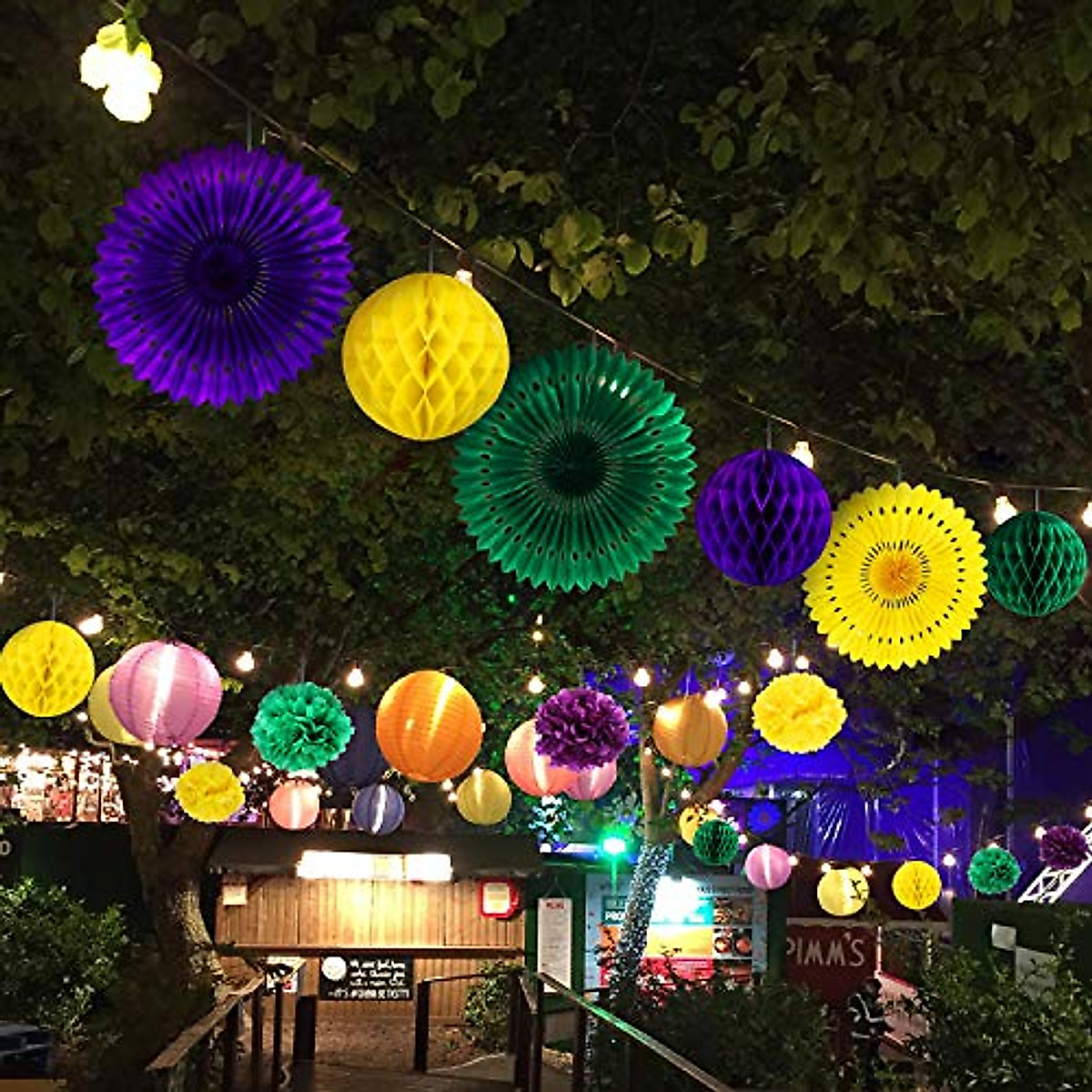 17 Pieces Gold Purple Green Party Decoration Kit Includes Honeycomb Balls Pom Poms Paper Flower Hanging Paper Fans Glitter Circle Garlands Banner for Mardi Gras Birthday Wedding Party Decoration