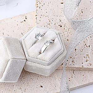 AIEX Velvet Ring Box for Jewelry Gift, Double Slots Hexagon Ring Case Box for Proposal Engagement Wedding Ceremony Valentines Day Holding 2 Rings (Beige)