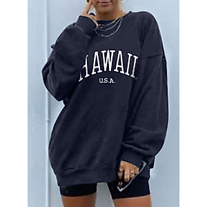 Dokotoo Womens Plus Size Hawaii USA Oversized Crewneck Long Tunic Sweatshirts for Women Long Sleeve Comfy Cozy Winter Fleece Pullover 2023 Fall Tops Casual Loose Fit Graphic Tees Shirts Blue XXL