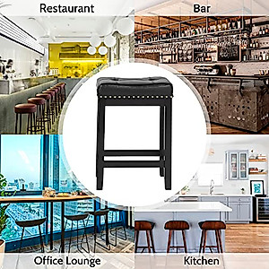 PayLessHere Bar Stools Set of 2 of PU Leather Barstools for Kitchen Counter Solid Wooden Saddle Stool 24”H Height Bar Stool