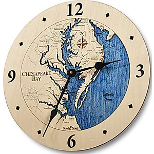 Sea & Soul Chesapeake Bay 3-D Nautical Wood Chart 12" Wall Clock, Handcrafted in The USA, Topographic Water Map Clock, Carved Lake Art Wall Clock, Coastal Décor (Deep Blue)