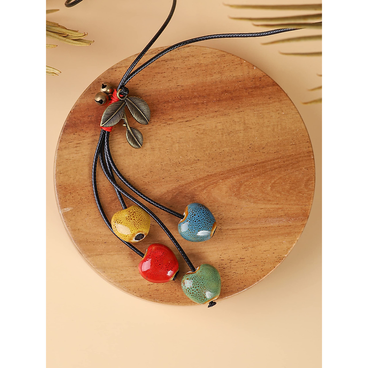 MINACHI Bohemian Leaf and Colorful Heart Shape Beads Lariat Necklace, Long Jewelry for Women