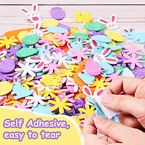 12 Pieces DIY Easter Foam Stickers Self-Adhesive Big Easter Egg Stickers and 300 Pieces Bunnies Chicks Flower Shaped Stickers for Kids Crafts Arts Party Supplies
