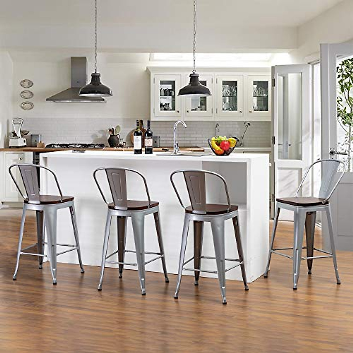 Andeworld Metal Bar Stools Counter Height Stools Dining Chairs High Back Industrial Barstools Set of 4 (30inch,Silver)