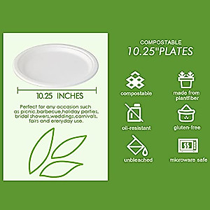 Vplus 150 Pack Compostable Disposable Paper Plates 10 inch Super Strong Paper Plates 100% Bagasse Natural Biodegradable Eco-Friendly Sugarcane Plates(white)