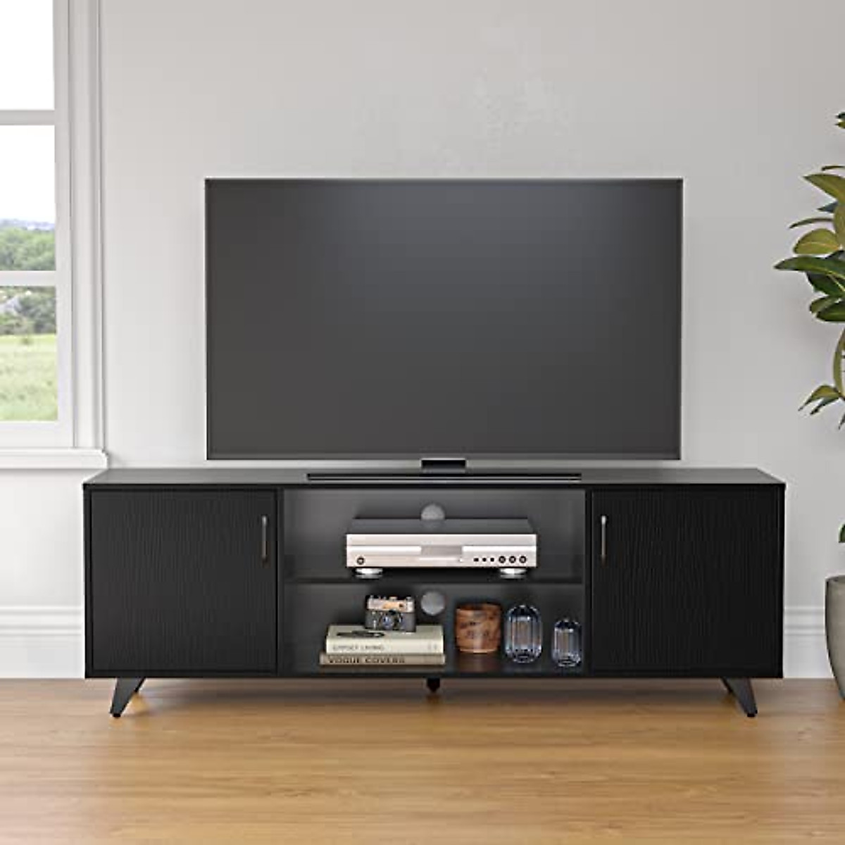 Panana Modern TV Stand for 70 Inch TV, Entertainment Center Television Stands Black TV Console with Storage Cabinets and Open Shelves Media Console TV Table for Living Room Bedroom