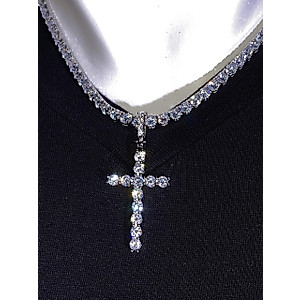 Mens 14k Rhodium Finish 4mm Tennis Link Chain Choker Iced Out Jesus Crucifix Cross Pendant Rappers Necklace Iced Prong Set Tennis Chain for Men, tennis ladies Chain Choker Jesus Necklace (18)