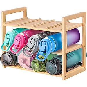 Meegoo Water Bottle Organizer, Bamboo Stackable Water Bottle Holder, 12 Freestanding Water Bottle Holder Rack, Storage for Cabinet Kitchen Countertops, Table Top, Pantry, Classroom, Yoga Room, Gym