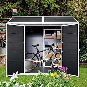 Resin Outdoor Storage Shed, Outdoor Storage Shed with Double Window & Floor to Store Patio Furniture, Garden Tools Bike Accessories, Beach Chairs and Lawn Mower (Black, 8ft*4ft)