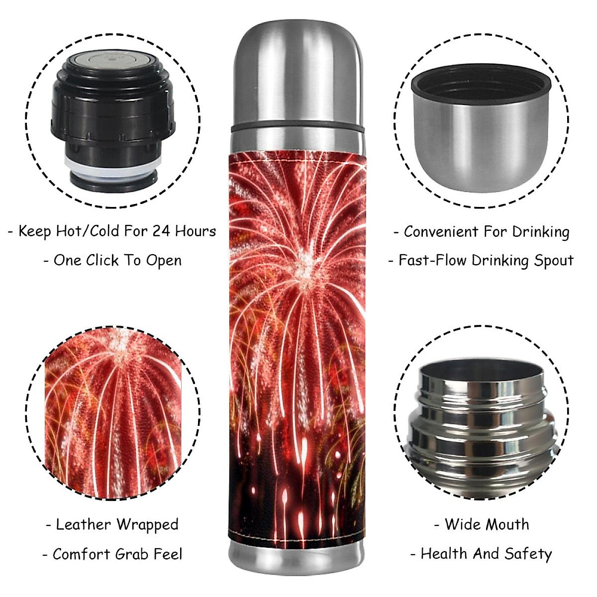 Stainless Steel Leather Vacuum Insulated Mug Fireworks Thermos Water Bottle for Hot and Cold Drinks Kids Adults 16 Oz
