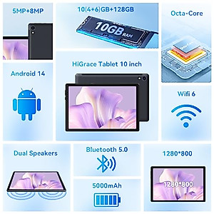 HiGrace Tablet 10 inch, Android 14 Go Octa core Tablet with 10GB+128GB/1 TB Expansion, WiFi 6G, 5MP+8MP Camera, 5000mAh, Split-Screen, Widevine L1, 10 inch Tablet PC - Black