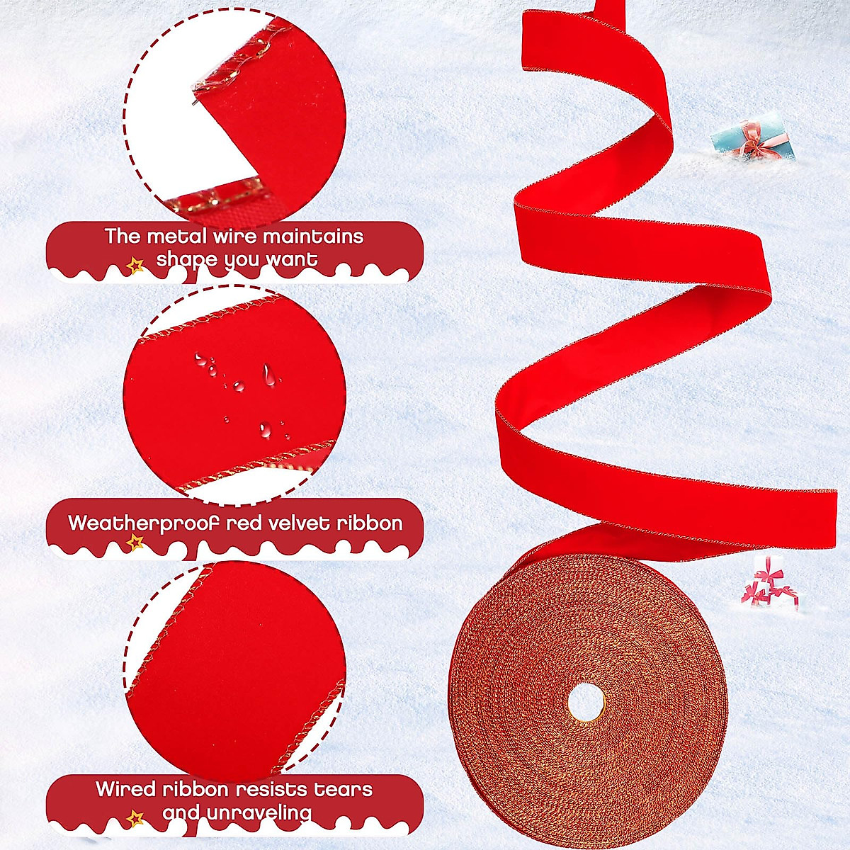 Lyrow 2 Pack Wired Traditional Red Velvet 2.5 inch Christmas Ribbon Waterproof Ribbon with Wire Edge 2 1/2" Wide 100 Yards Roll Holiday Floral Craft Winter Decor Outdoor Xmas Tree Bow (Red, Gold)