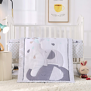 VIVILINEN Grey Elephants Baby Crib Bedding Set for Boys Girls 3 Pieces Animals Infant Nursery Baby Crib Comforter Set with Crib Bed Quilt Fitted Sheet Skirt Set for Standard Size Crib