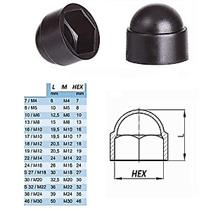 5x HEX NUT COVER CAP M4 TO M30 PROTECTION BOLT ROUND HEXAGON DOME BLACK SCREW HEAD CAR PLASTIC (Diameter M30 / Hex 46mm)