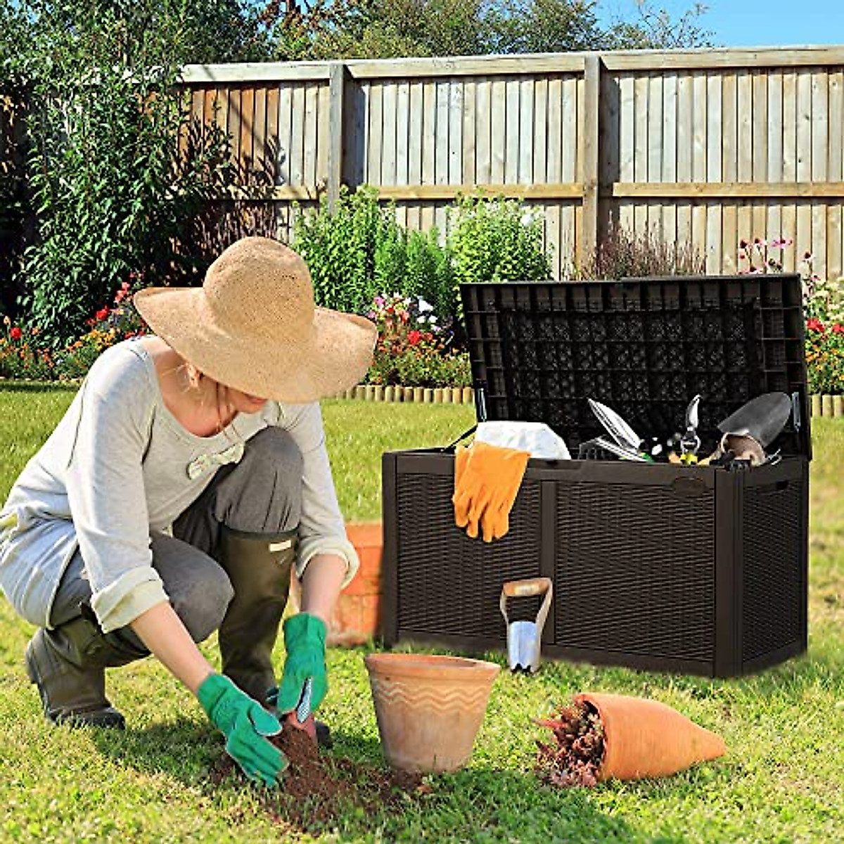 YITAHOME 100 Gallon Large Deck Box w/Storage Net, Resin Outdoor Storage Boxes, Waterproof Patio Cushion Storage Bench for Patio Furniture, Pool Supplies, Garden Tools- Rattan,Lockable (Dark Brown)