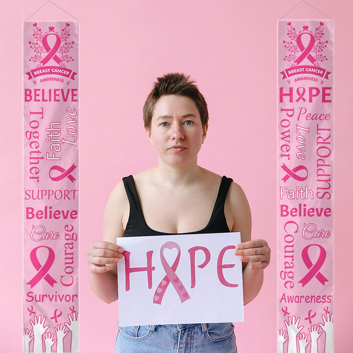 ZHIFU Breast Cancer Awareness Party Decorations Breast Cancer Banner Porch Sign, Pink Ribbon Door Banner Party Supplies Backdrop for Outdoor Indoor, 12 x 72 Inch