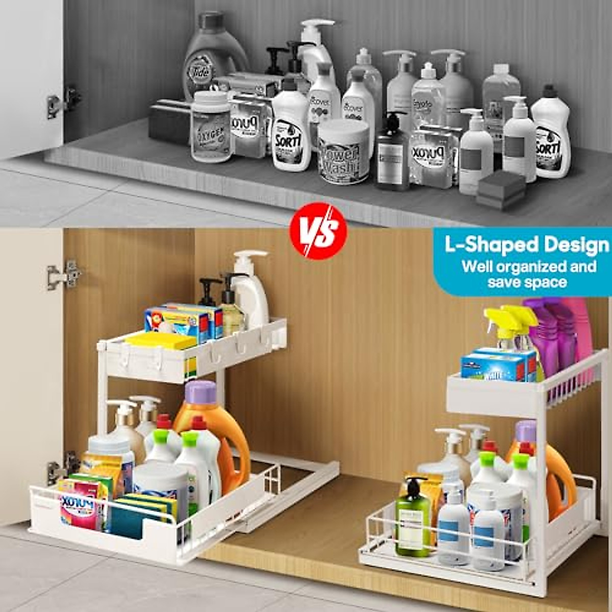 Large Under the Sink Organizer Bathroom, 2-Tier Kitchen Under the Sink Organizers and Storage with 4 Hooks, Cabinet Storage Shelves No Drilling Rustproof Stainless Steel Pull Out Shelf, White