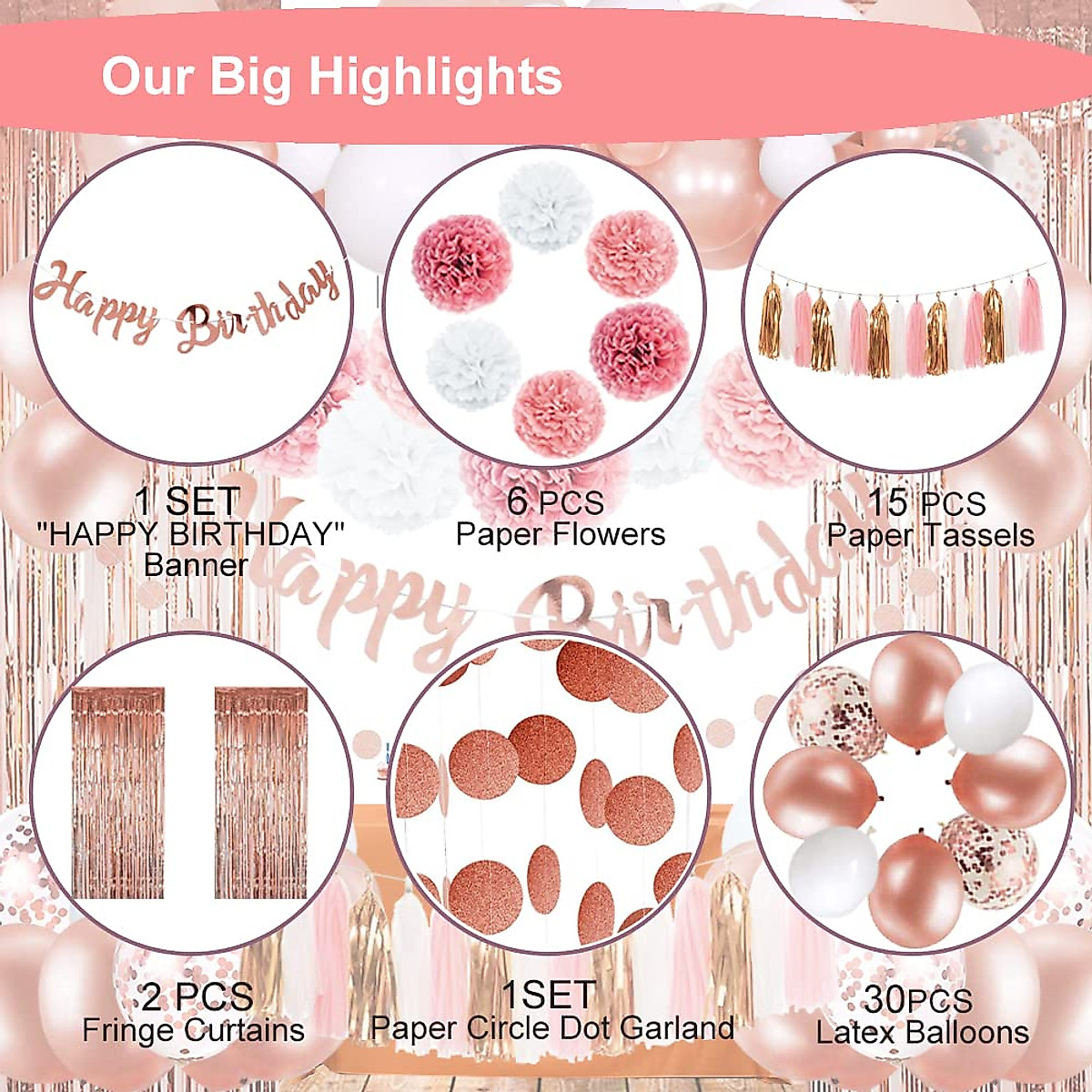 Rose Gold Pink Birthday Party Decorations, Happy Birthday Banner, Rose Gold Party Decorations for Women, 2PCS Fringe Curtains, Paper Tassels Garland, Circle Dots Garland for Women Girls Birthday Decorations