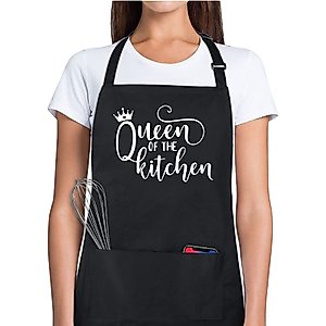 Xornis 100% Cotton Funny Aprons for Women Queen of The Kitchen with 2 Pockets Chef Cooking Baking Adjustable Bib Apron Gifts from Daughter Son Husband for Mom Grandma Wife Mother's Day