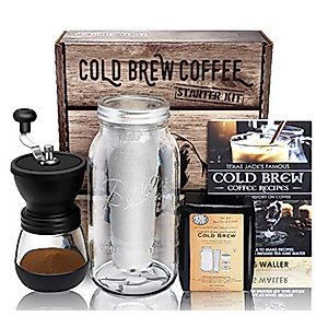 Cold Brew Coffee Maker Starter Kit - Half Gal Mason Jar | Stainless Filter Basket | Ceramic Burr Grinder | Half Pound Certified Organic Whole Bean Cold Brew Blend | Recipe & Instruction Book