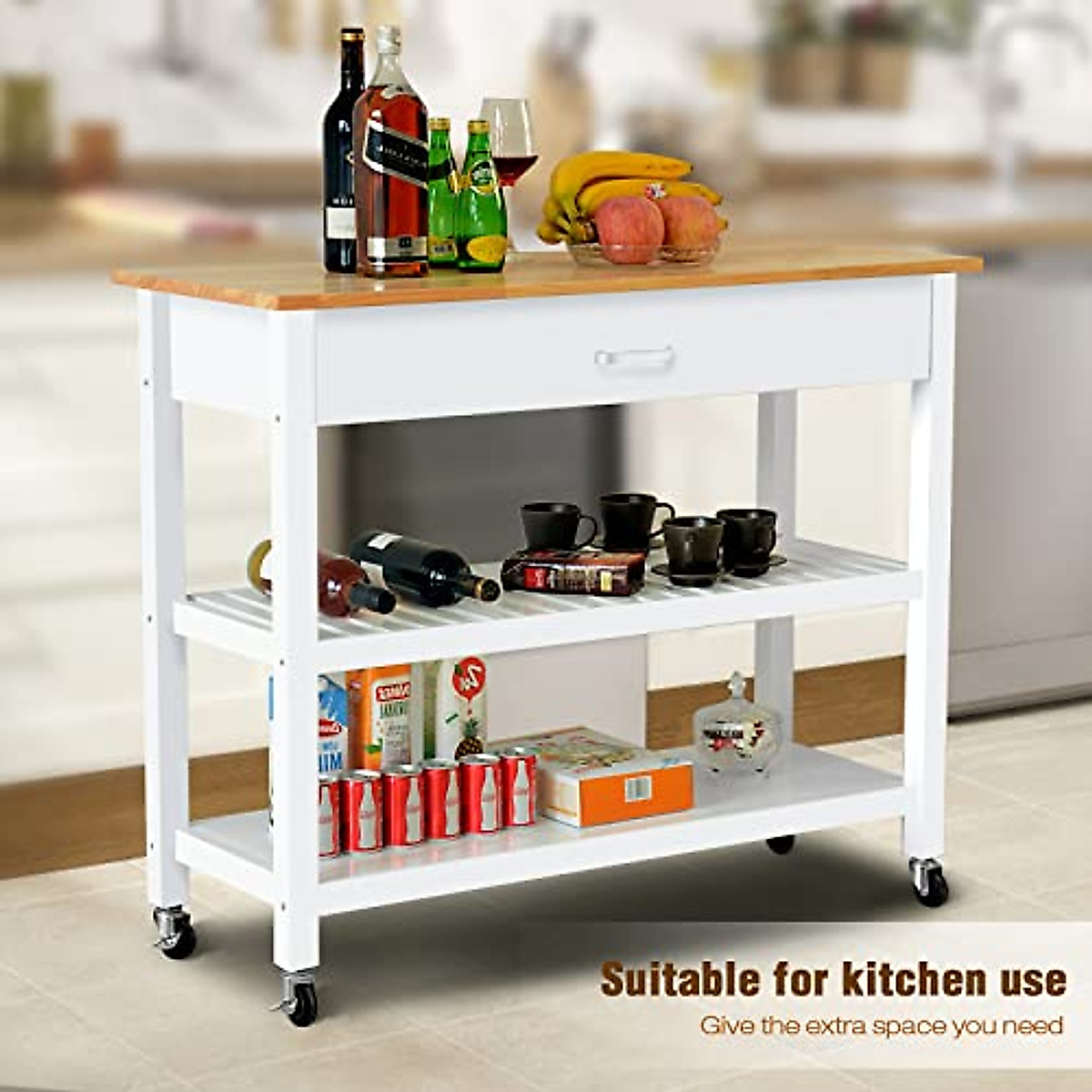 Unovivy Kitchen Island on Wheels, 3 Tier Kitchen Cart with Storage Drawer, 2 Shelves & Towel Rack, Rolling Kitchen Island with Wood Tabletop, Simple Design Mobile Island Table for Kitchen, White