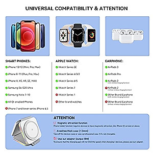 3 in 1 Charger, Magnetic Wireless Charging Station, Charging pad, Travel Charger, 18W Fast Mag-Safe Charger for iPhone 14/13/12/SE/11/XS/8,Samsung Galaxy, AirPods Pro,Apple Watch(Adapter Inc.)-White