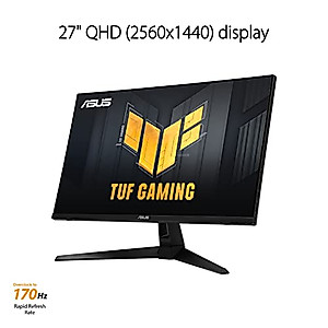 ASUS TUF Gaming 27” 1440P Monitor (VG27AQA1A) - QHD (2560 x 1440), 170Hz (Supports 144Hz), 1ms, Extreme Low Motion Blur, Freesync Premium, Eye Care, HDMI, DisplayPort, Shadow Boost, Speakers, HDR