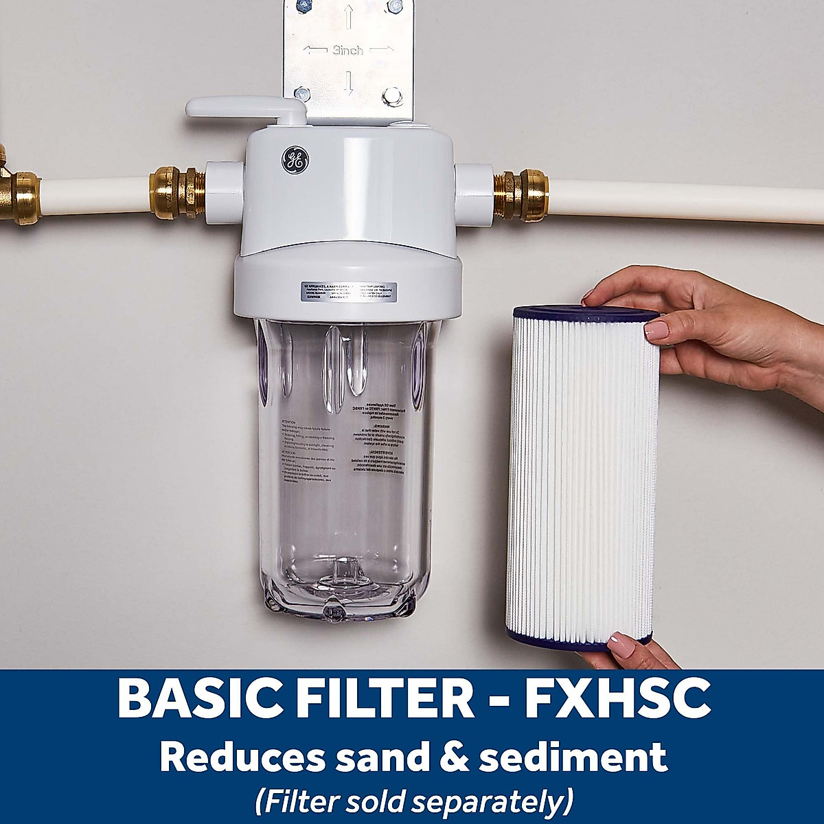 GE Whole House Water Filtration System | Reduces Sediment, Rust & More | Install Kit & Accessories Included | Filter Not Included | Replace Filters (FXHTC, FXHSC) Every 3 Months | GXWH35F, White, 7.50 x 13.50 x 7.75 inches