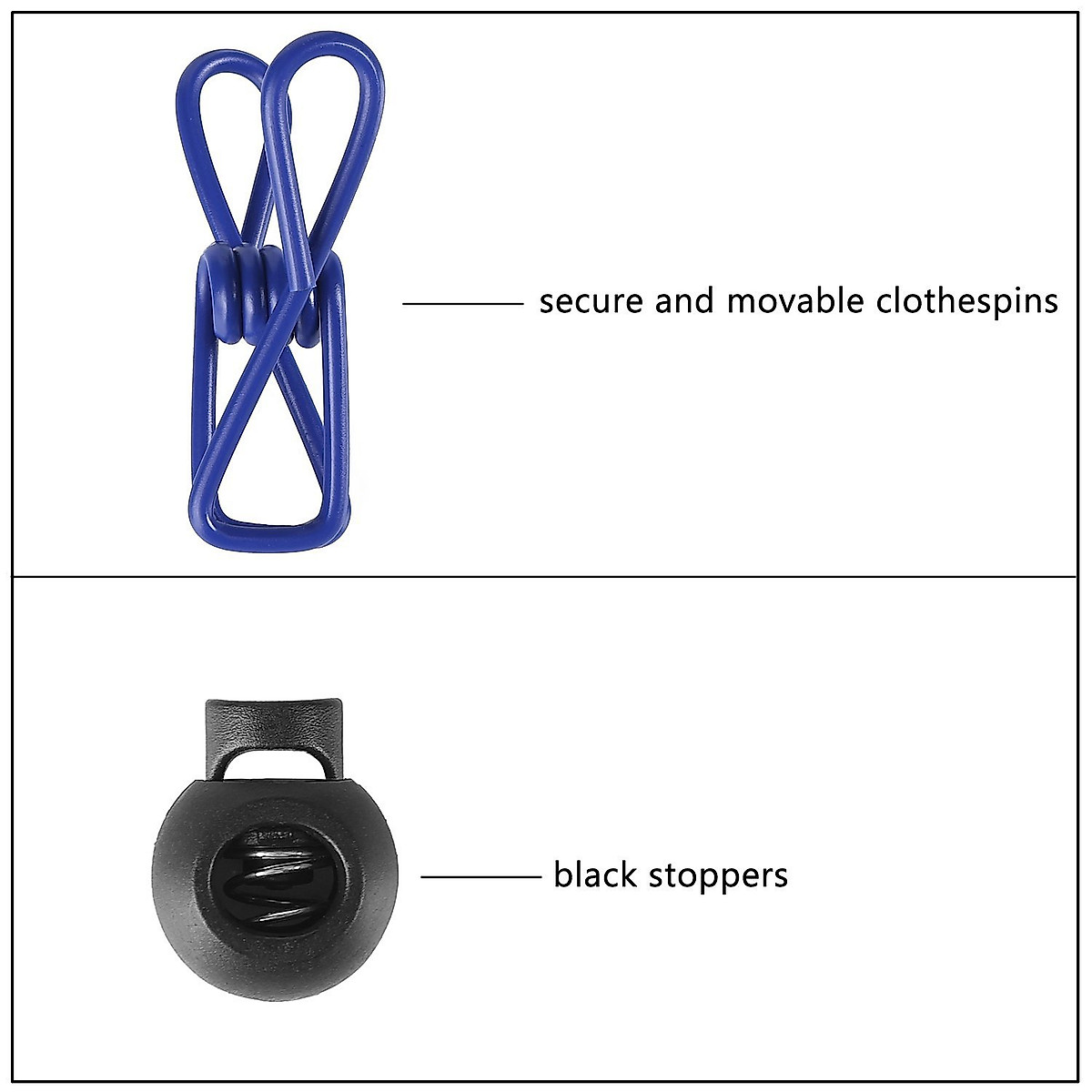 2 Pack 11 Feet Windproof Clothesline with 12 Blue Clips, Adjustable Clothes Line for Home, Travel and Outdoor Hanging Clothes