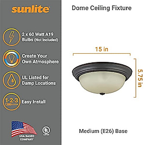 Sunlite 46083-SU Traditional Dome Ceiling Light Classic Decorative Flushmount, Tea-Stained Glass Shade, 60W A19 Bulbs (Not Included), for Bedroom, Hallways & Bathrooms, 16-Inch, Distressed Brown