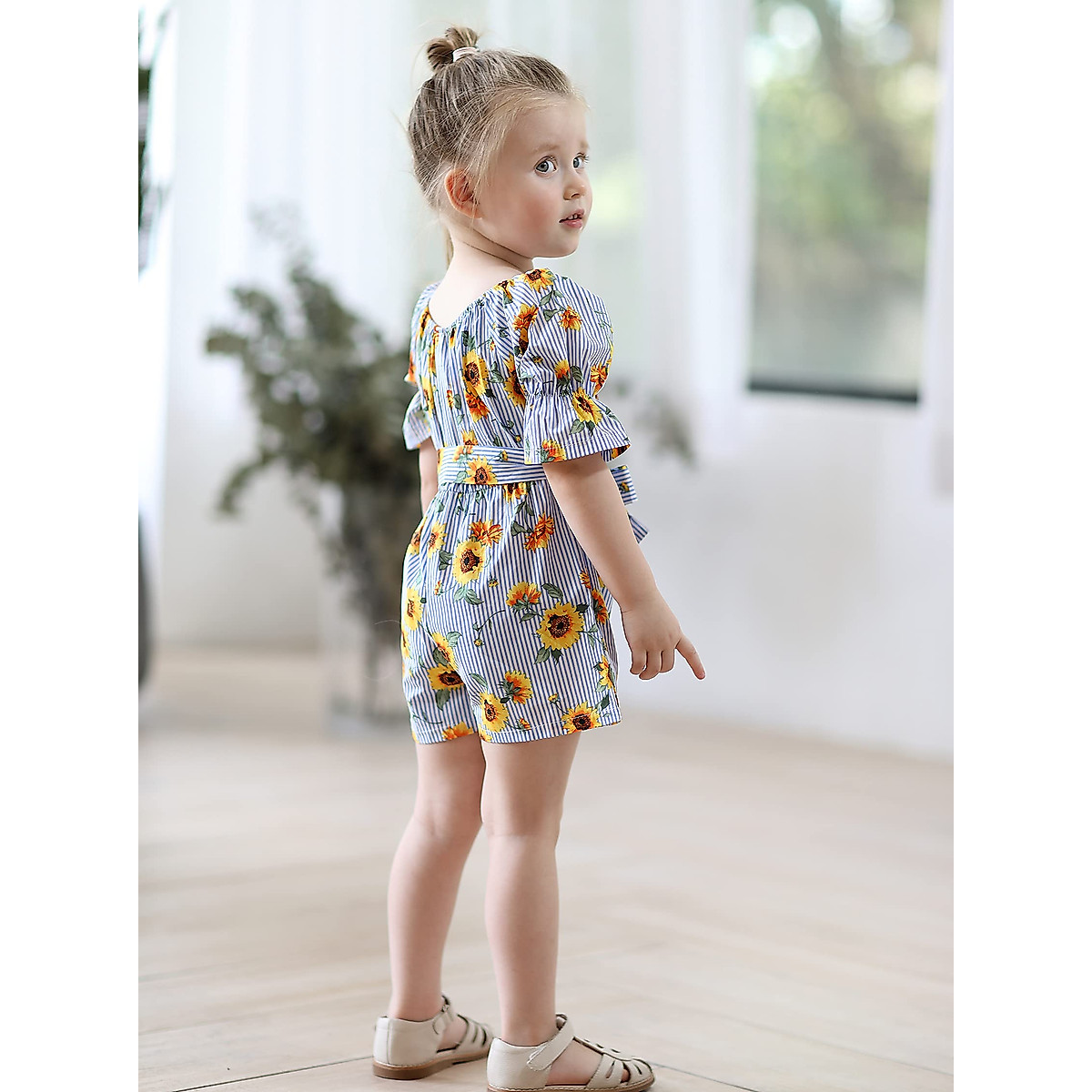 YOUNGER TREE Kids Toddler Baby Girls Summer Outfit Off-Shoulder Sunflower Overall Romper Jumpsuit Short Trousers Clothes (Sunflower, 18-24 Months)
