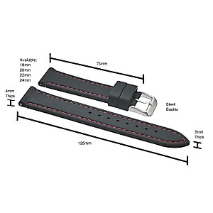 STUNNING SELECTION ALPINE Smooth and sporty silicone stitched watch band with quick release spring bars- Black with red stitching - 22mm (fits wrist sizes 6 1/4 to 8 inch)