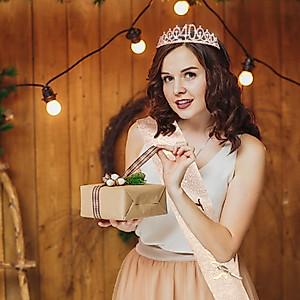 40th Birthday Decorations for Women, 40th Birthday Gifts for Women Including 40th Birthday Crown/Tiara＋40th Birthday Sash for Women＋Pearl Pin, 40th Rhinestone Crown Kit (Rose Gold)