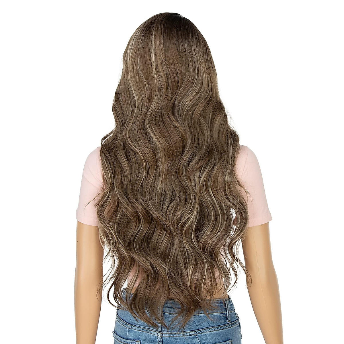 K'ryssma Ash Brown Wig with Highlights Long Wavy Synthetic Wigs for Women Natural Hairline Ombre Highlight Wig with Dark Roots