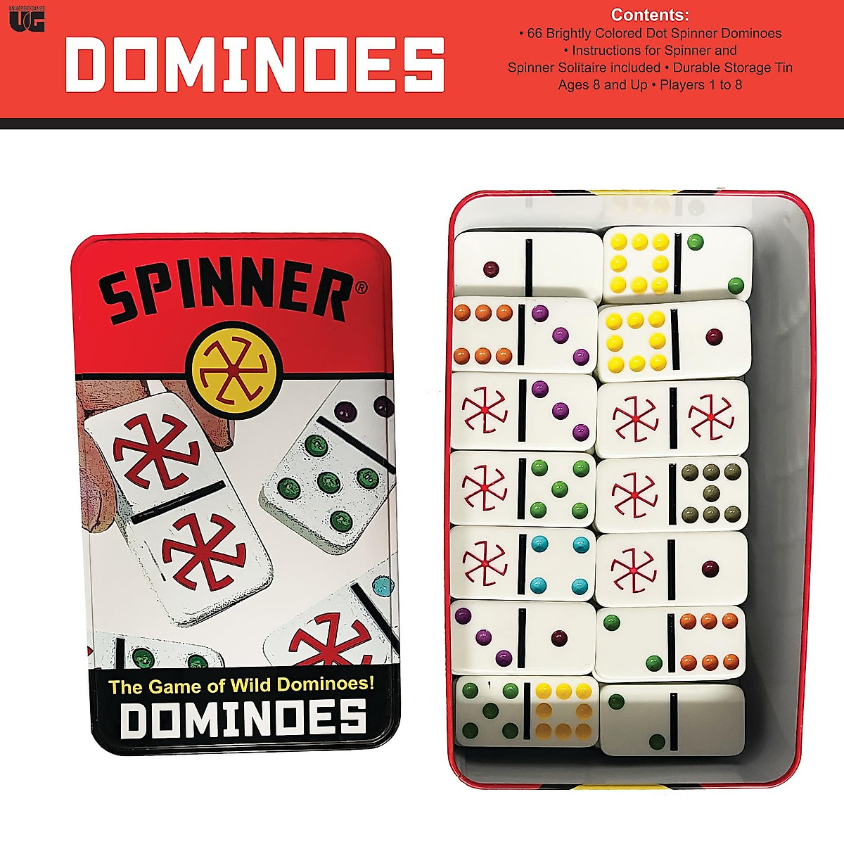 Front Porch Classics | Spinner Colored Dot Dominoes Set, On-The-Go Travel Storage Tin 2 to 8 Players Ages 8 to 99