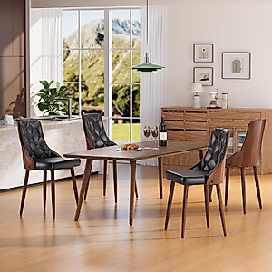 Aowos Dining Chairs Set of 2, Mid Century Modern PU Leather Upholstered Kitchen Chairs with Walnut Back and Iron Legs, Comfortable Seating for Kitchen, Dining Room, Bar Counter, Living Room (Black)