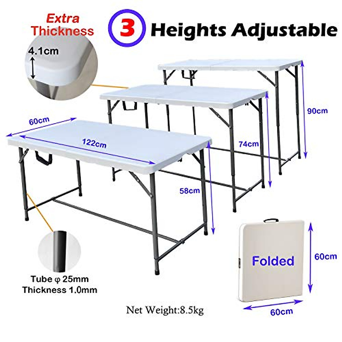 deaciber 4ft Folding Table with 3 Adjustable Heights Heavy Duty Indoor Outdoor for Garden Party Patio BBQ Dining Picnic Camping