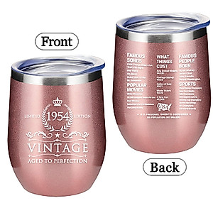 70th Birthday Gifts for Women and Men - 1954 70th Birthday Decorations - 12 Oz Insulated Stainless Steel Wine Tumbler with Lid for Her Wife Mom Grandma Aunt Friend, Rose Gold