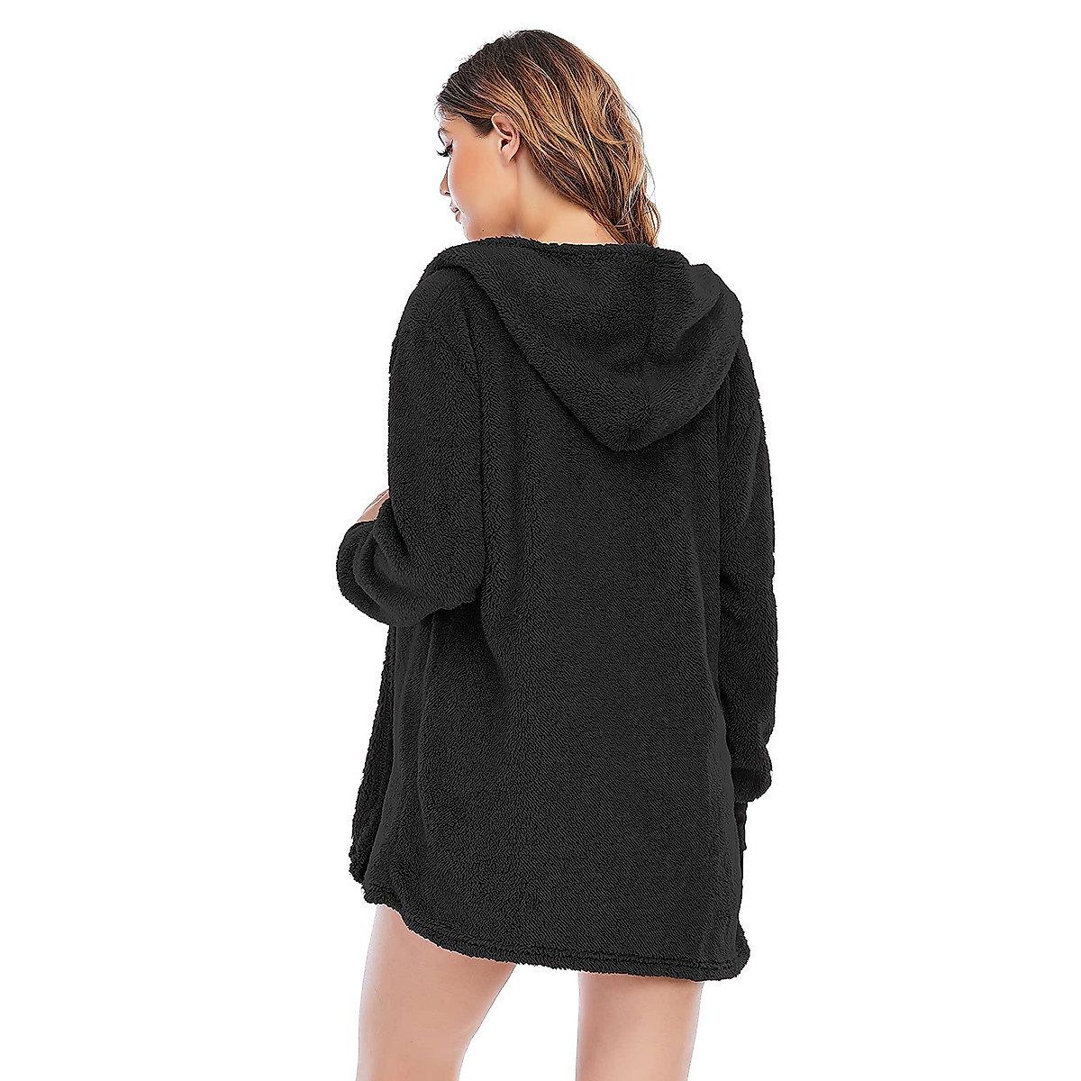 Famnbro Womens Fuzzy Sweater Sets Sexy 3 Piece Outfits Fleece Coat Jacket Tank Top Shorts Set C-black