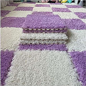 10 Pcs Thickened Plush Foam Interlocking Floor Mat, Fluffy Square Interlocking Foam Tiles, Soft Anti-Slip Puzzle Area Rug Playmat for Room Floor(Color:Purple+White)
