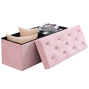 BRIAN & DANY 43 Inches Folding Storage Ottoman Bench, Velvet Ottoman with Storage for Living Room, Long Shoes Bench,Flannelette Footrest Benches Seat (Pink)
