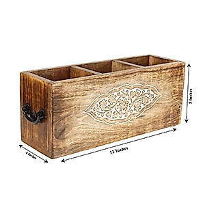 Mother's Day Gifts Hand Carved Wooden Kitchen Utensil Holder With 3 Compartments Wood Utensil Organizer for Cutlery, Napkins, Cups Caddy Organizer | 12 X 4 X 5 Inch
