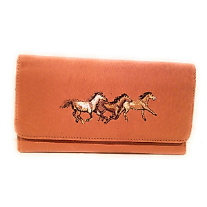 Embroidered Soft Genuine Leather Ladies Trifold Clutch Wallet (Tan, Horse Head)
